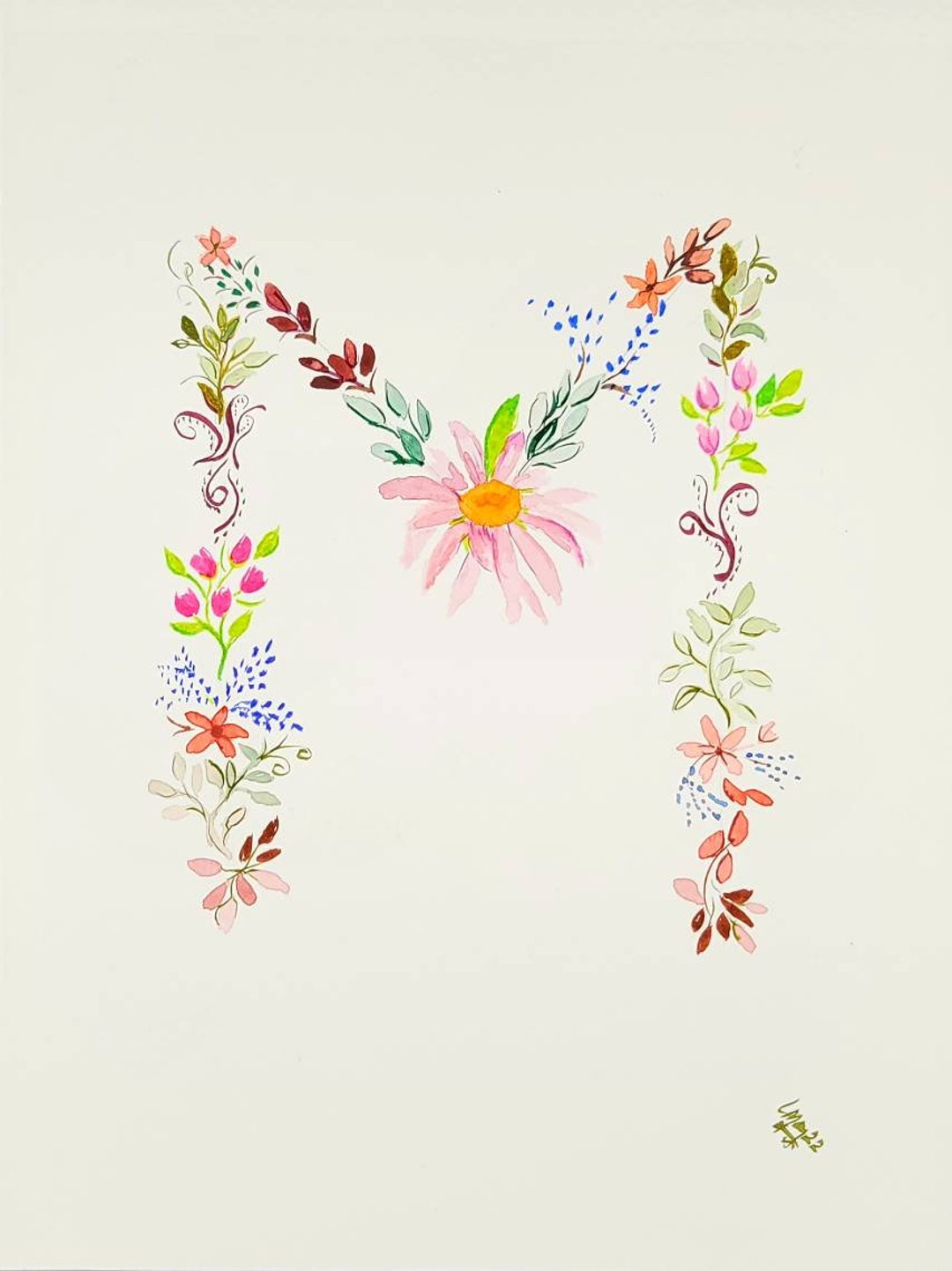 Floral Monogram Letter "m" Watercolor Print, Wall Art, Original - Etsy
