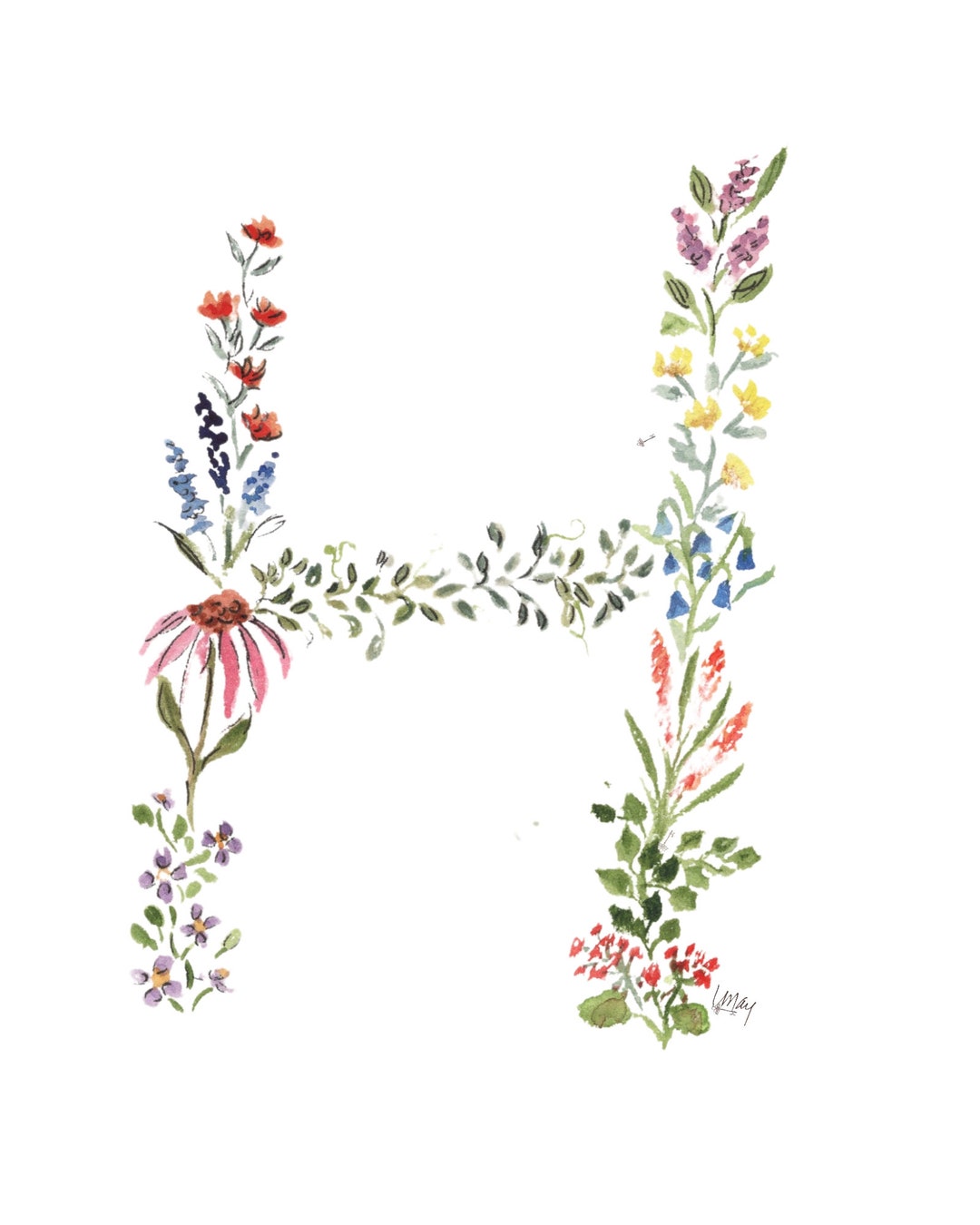 Floral Monogram Letter "h" Watercolor Print, Wall Art, Original - Etsy