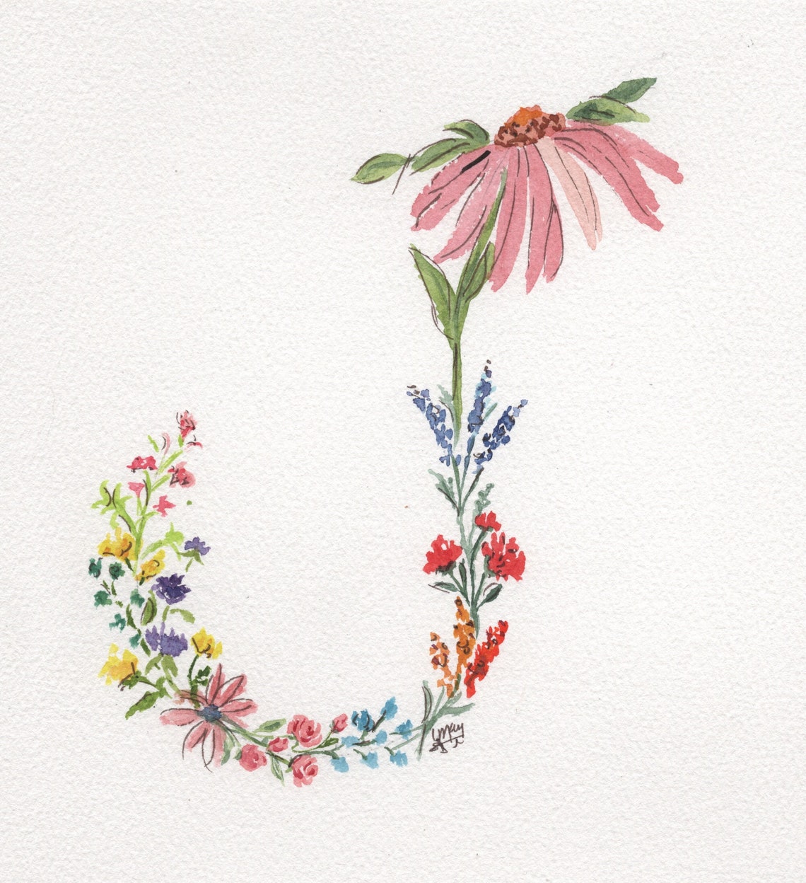 Floral Monogram Letter "j" Watercolor Print, Wall Art, Original - Etsy