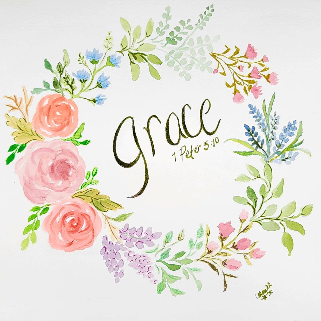Floral Wreath of "grace" Watercolor Print, Wall Art, Original - Etsy
