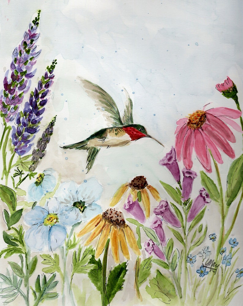 Hummingbird in the Garden Watercolor Print, Wall Art, Original - Etsy