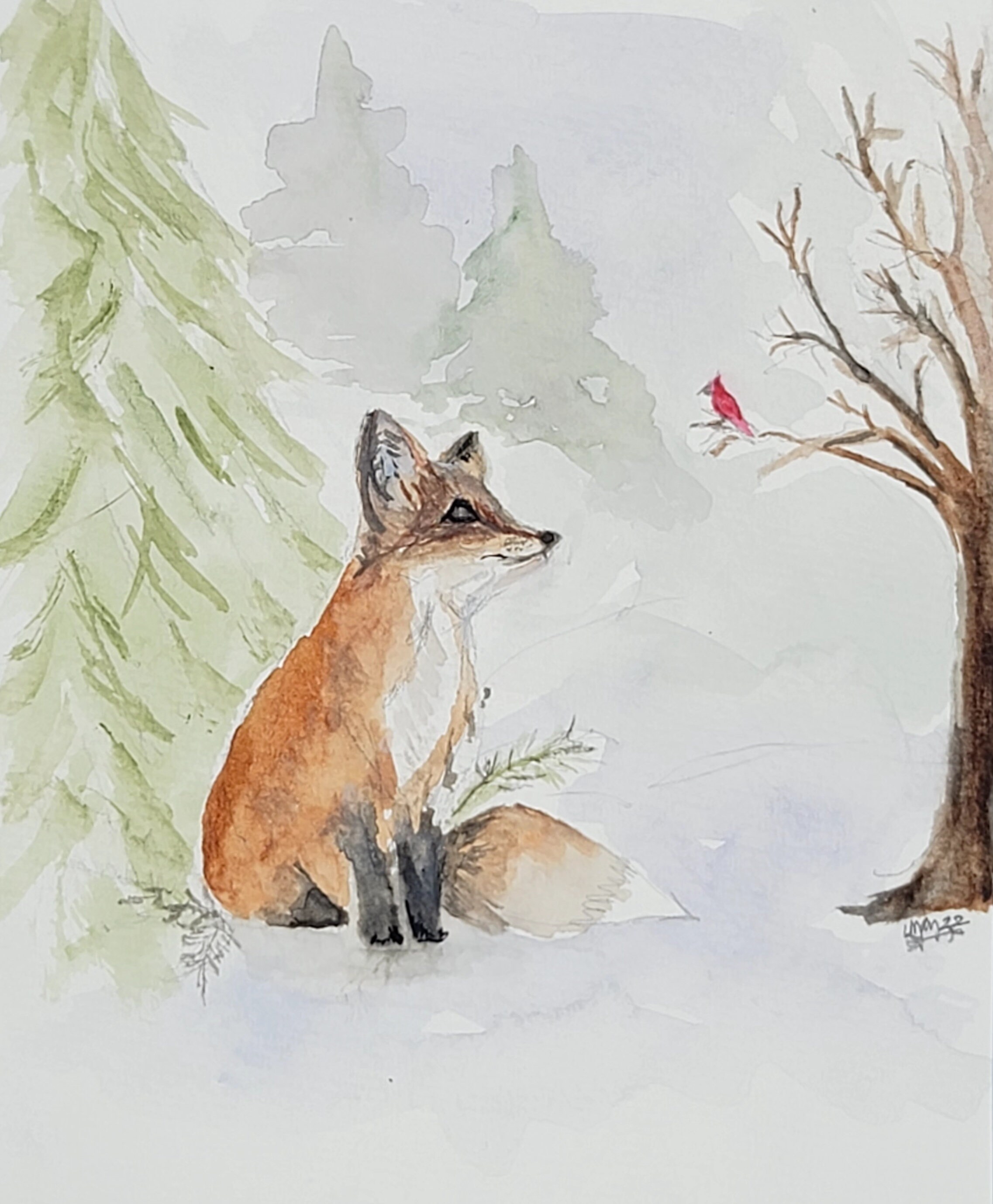 Woodland Fox With Cardinal Visitor Watercolor Painting Wall Art - Etsy