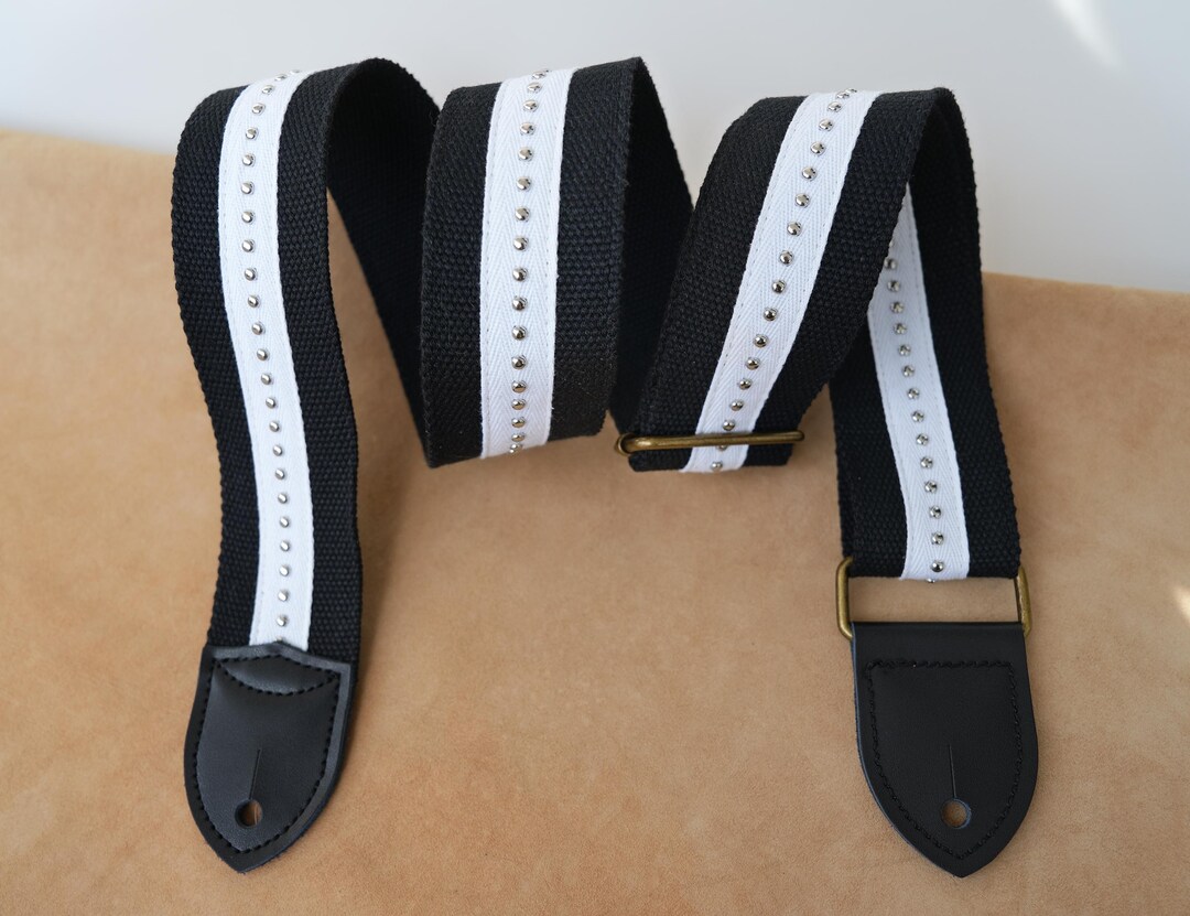 Black and White Guitar Strap With Silver Studs, Musician Gift, Everyday ...