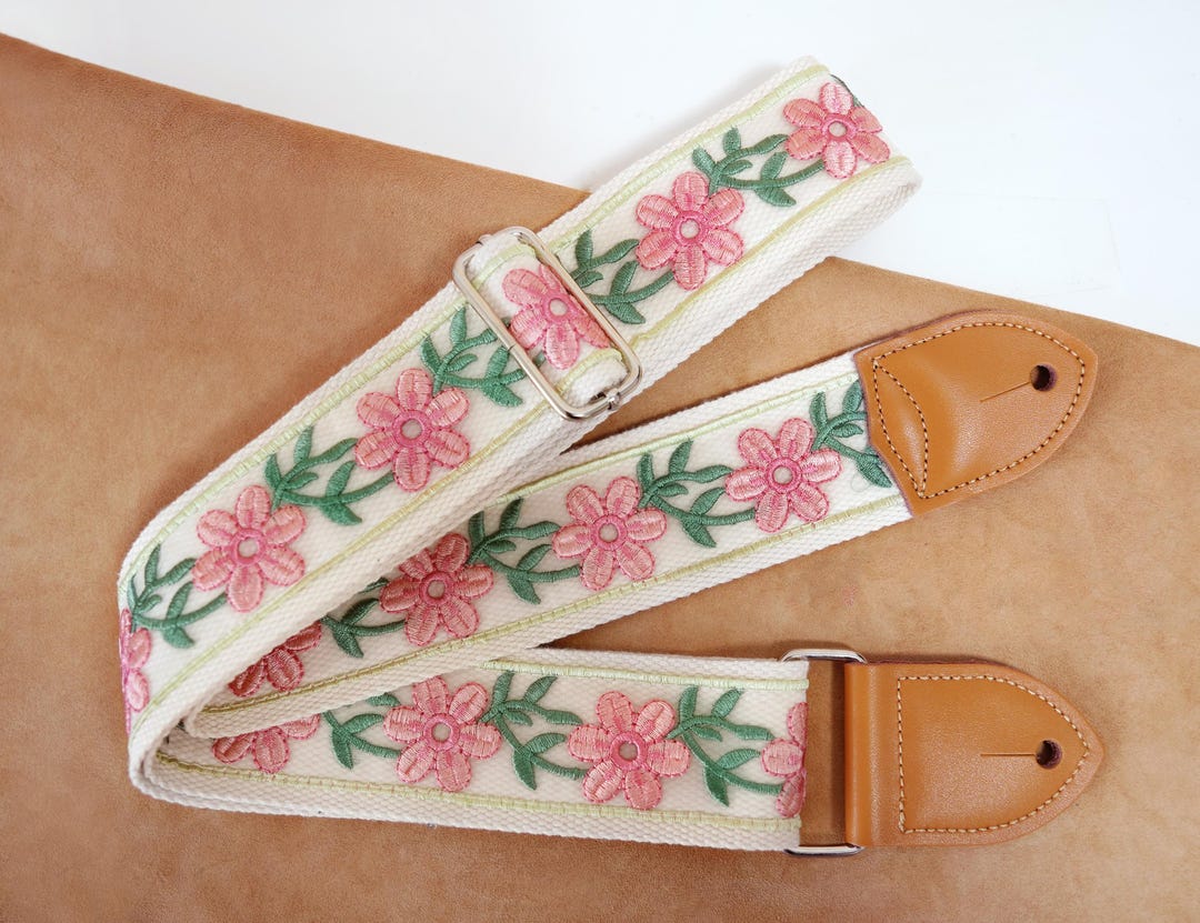 Sweet Pastel Flower Guitar Strap, Pink and Green Embroidered Strap ...