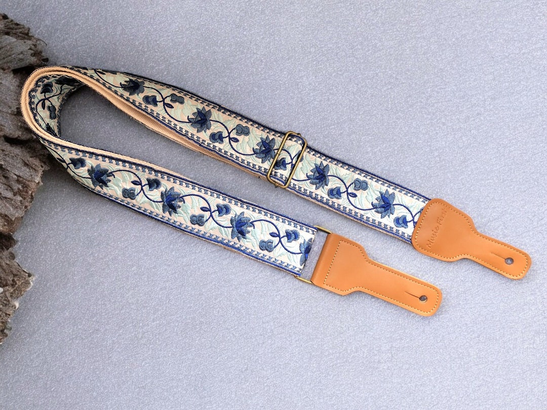 Blue Embroidered Floral Guitar Strap, Universal Strap for Guitar and ...