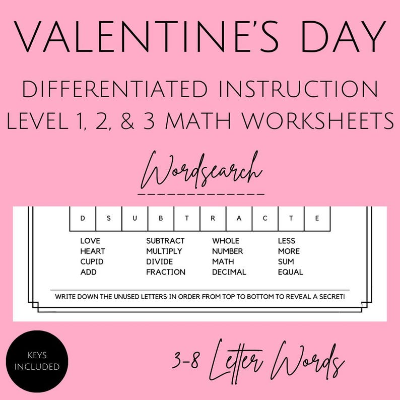 Valentines Day Math Themed Word Search and Activity Sheets for ...