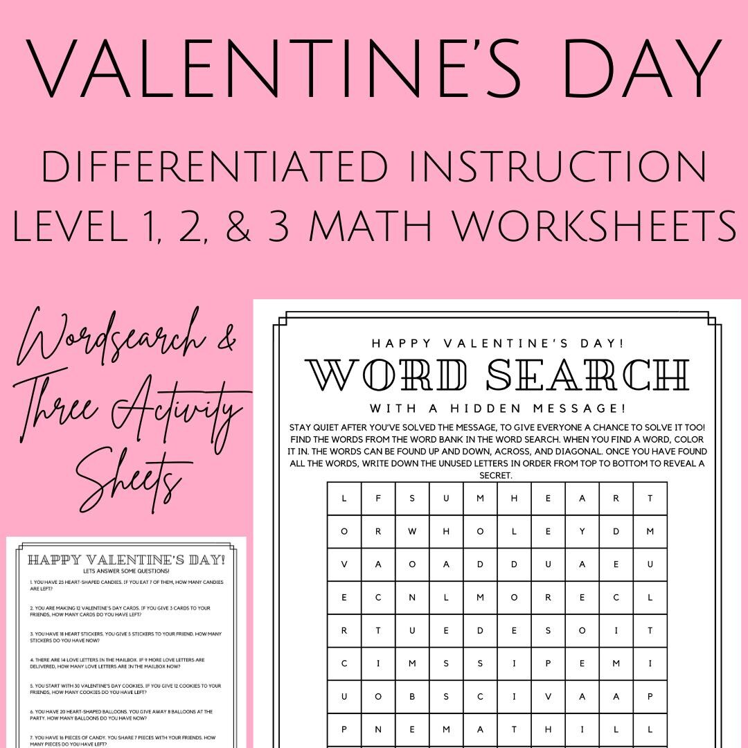 Valentines Day Math Themed Word Search and Activity Sheets for ...