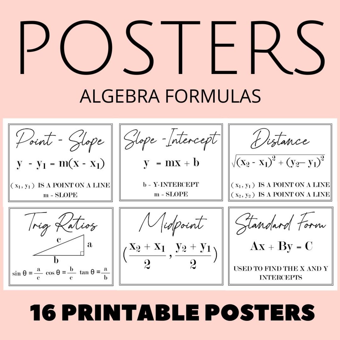 Math Formula Posters, Algebra I, Algebra II, Equations Posters, Area ...