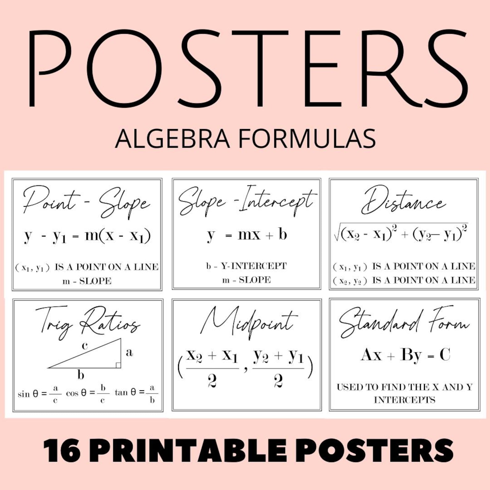 Math Formula Posters, Algebra I, Algebra II, Equations Posters, Area ...