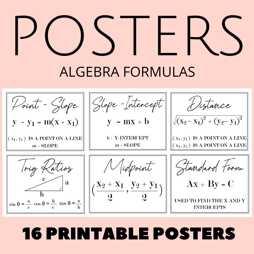 Math Formula Posters, Algebra I, Algebra II, Equations Posters, Area ...