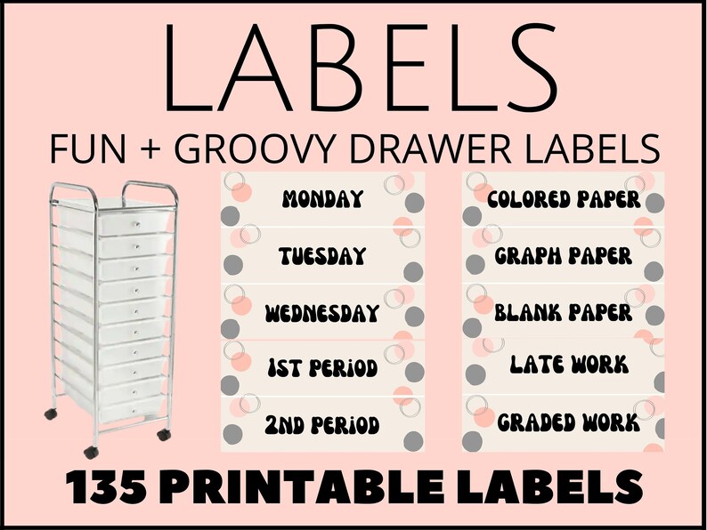 Modern Boho Fun Groovy 10 Drawer Rolling Cart Labels, Classroom Labels ...