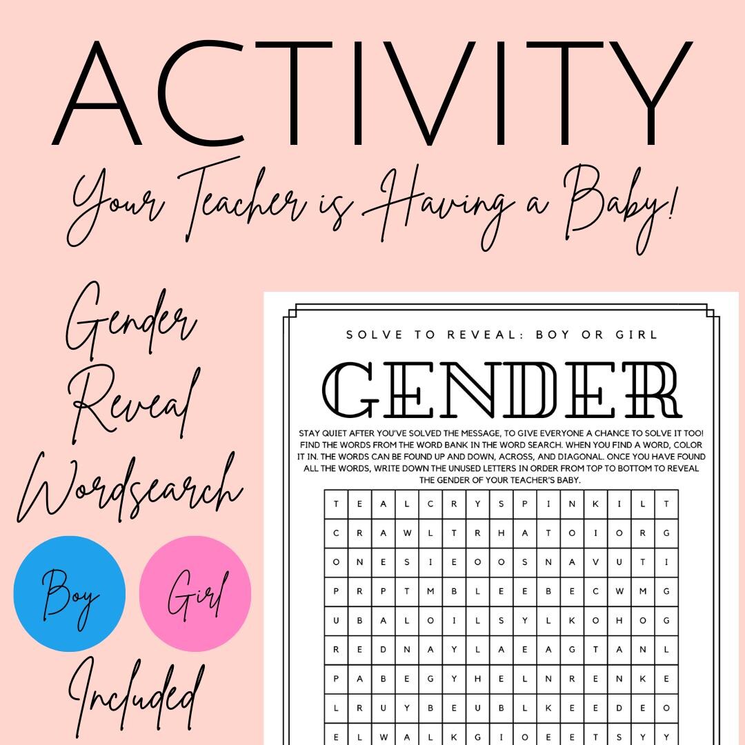 Gender Reveal Activity Word Search-your Teacher is Having a Baby ...