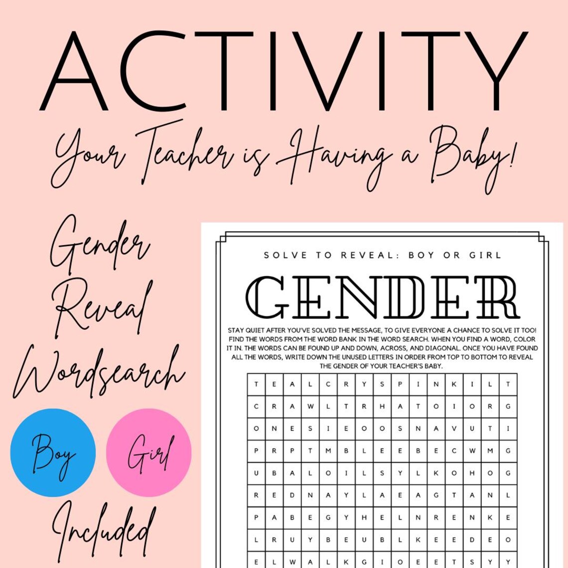 Gender Reveal Activity Word Search-your Teacher is Having a Baby ...