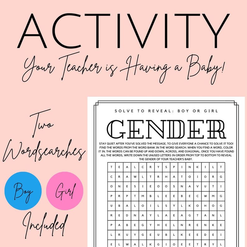 Gender Reveal Activity Word Search-your Teacher is Having a Baby ...