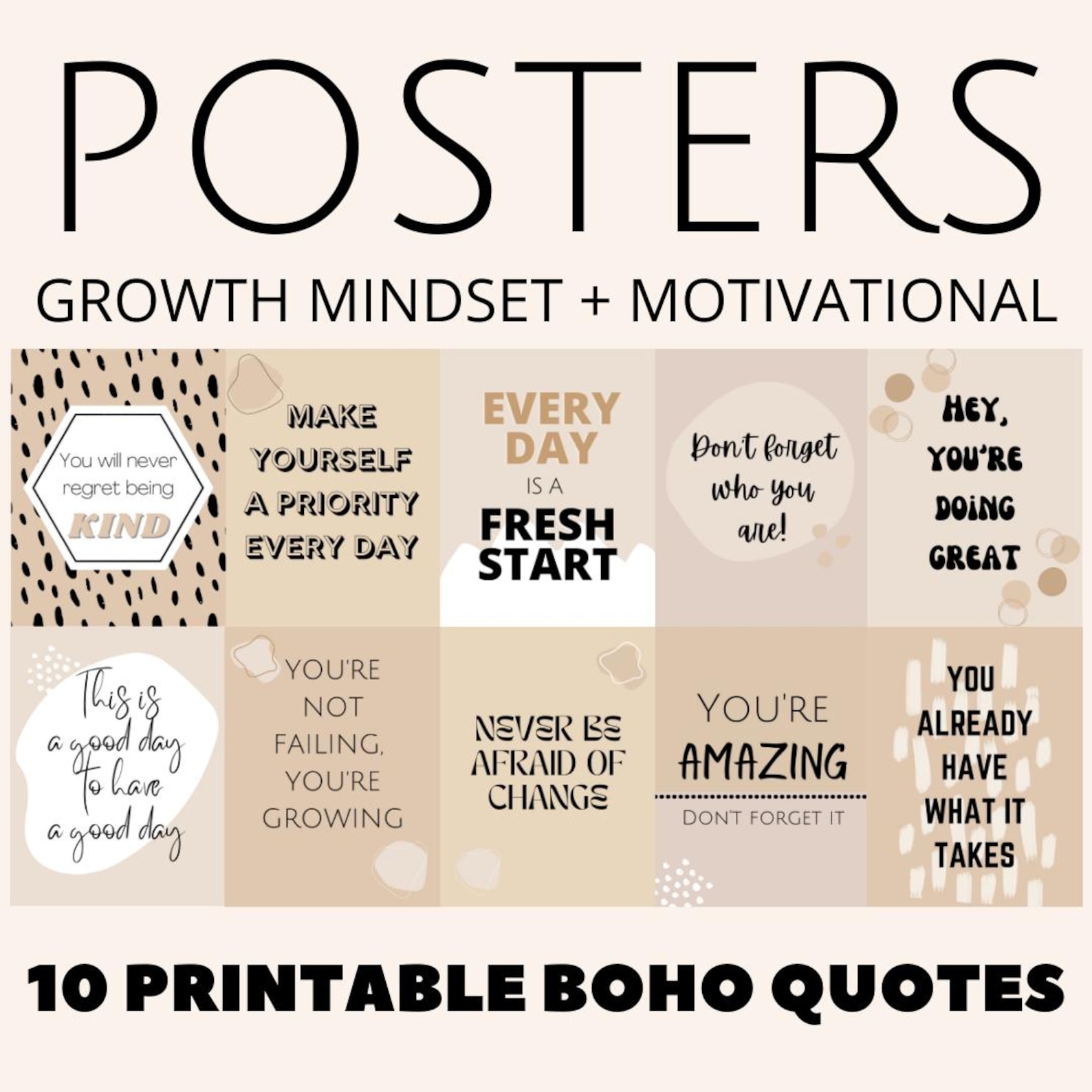 Modern Boho Neutrals Tan Growth Mindset Motivational Classroom Quotes ...