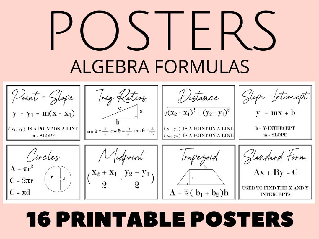 Math Formula Posters, Algebra I, Algebra II, Equations Posters, Area ...