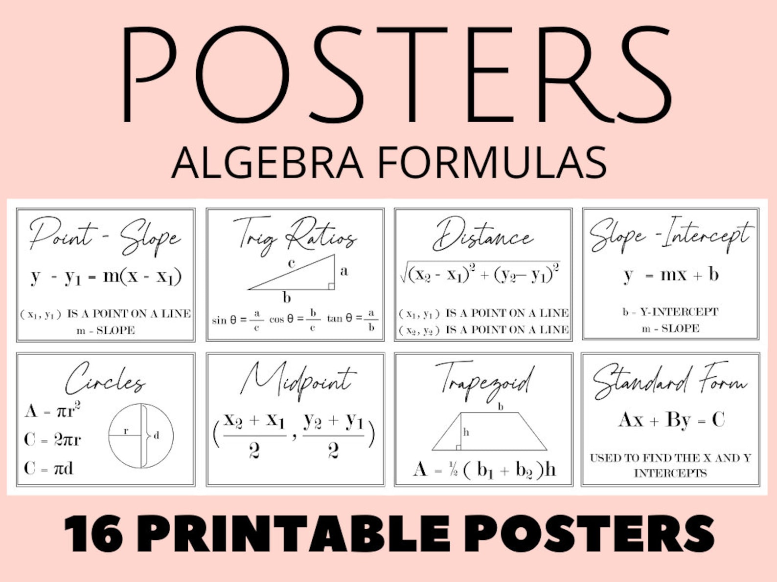 Math Formula Posters, Algebra I, Algebra II, Equations Posters, Area ...