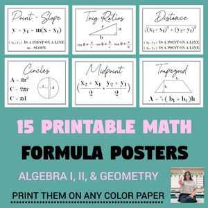 Math Formula Posters, Algebra I, Algebra II, Equations Posters, Area ...