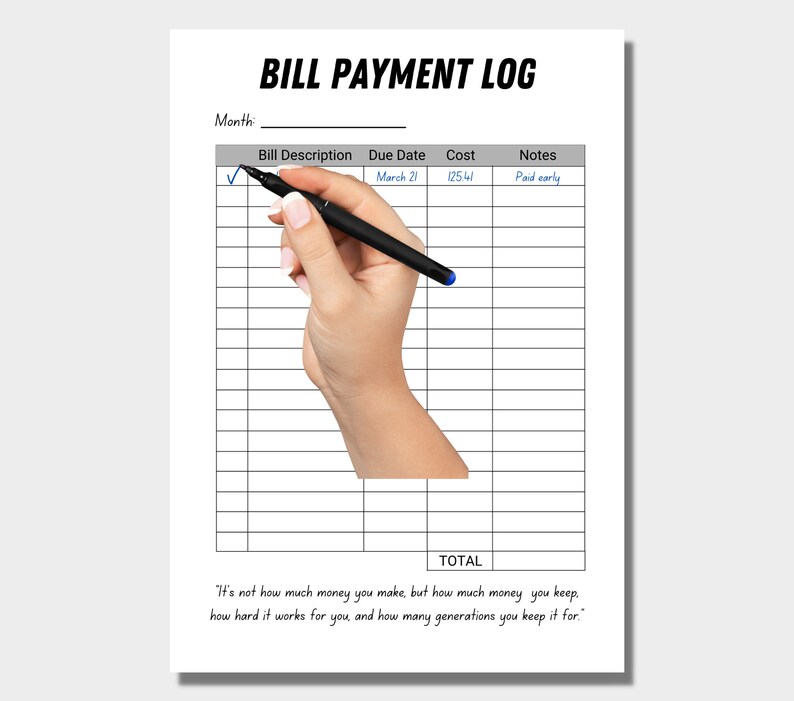 Bill Payment Log, Monthly Bill Payment Log, Bill Payment Tracker, Bill ...