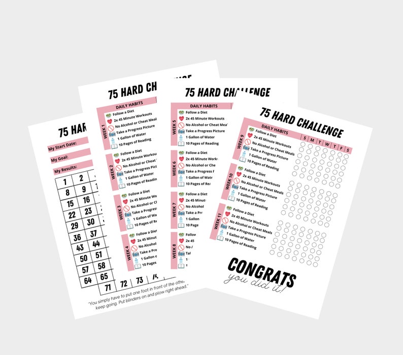 75 Hard Challenge Habit Tracker, 75 Hard Challenge Tracker, Lifestyle ...