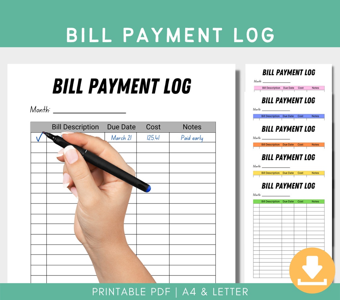 Bill Payment Log, Monthly Bill Payment Log, Bill Payment Tracker, Bill ...