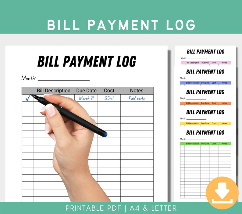Bill Payment Log, Monthly Bill Payment Log, Bill Payment Tracker, Bill ...