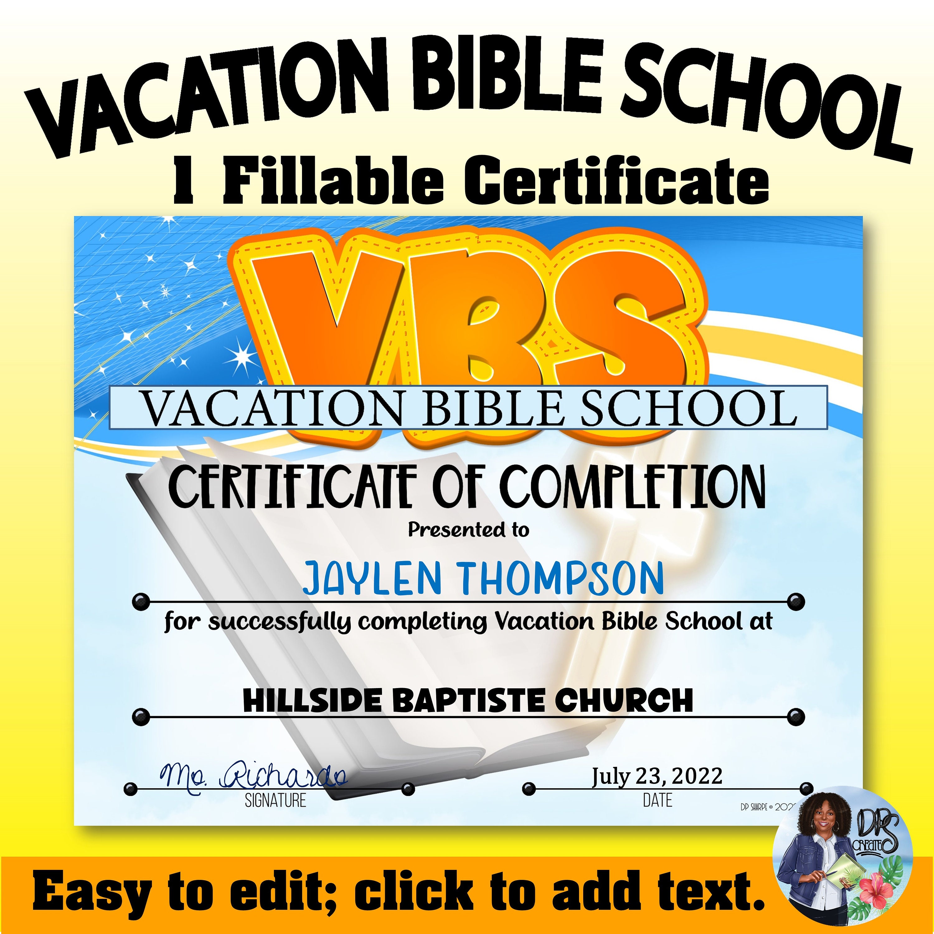 Vacation Bible School Certificate, Powerpoint, Templates, Editable ...