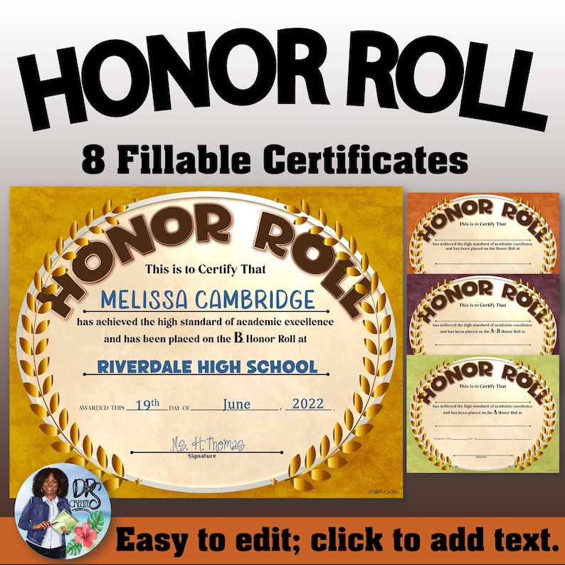 Honor Roll Powerpoint Certificates, Fillable Certificates, Academic ...