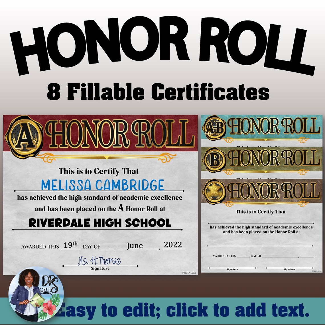 Honor Roll Powerpoint Certificates, Fillable Certificates, Academic ...