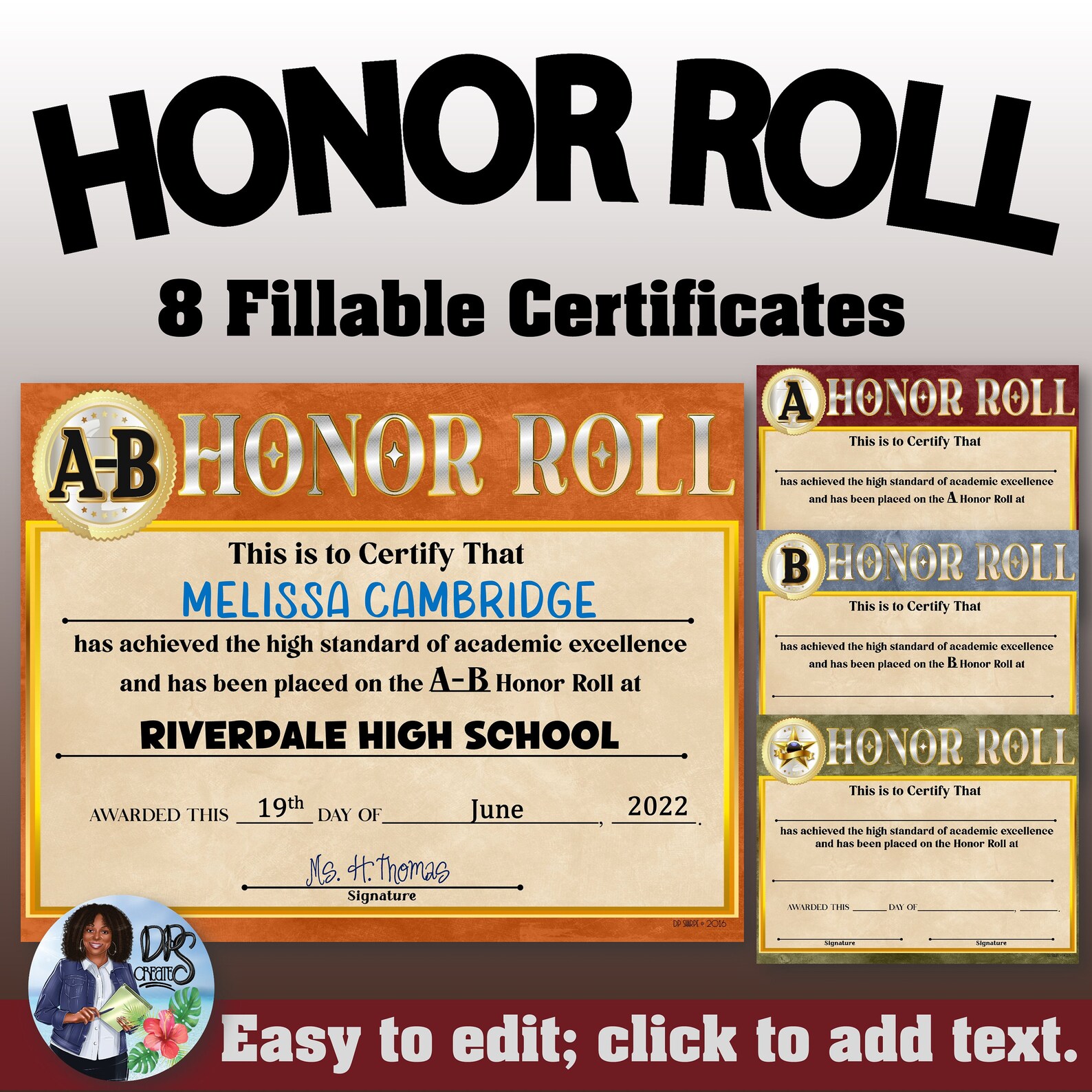 Honor Roll Powerpoint Certificates, Fillable Certificates, Academic ...