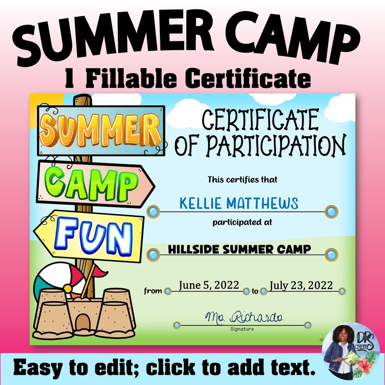 Summer Camp Certificate, Fillable Certificates, Powerpoint, Templates ...