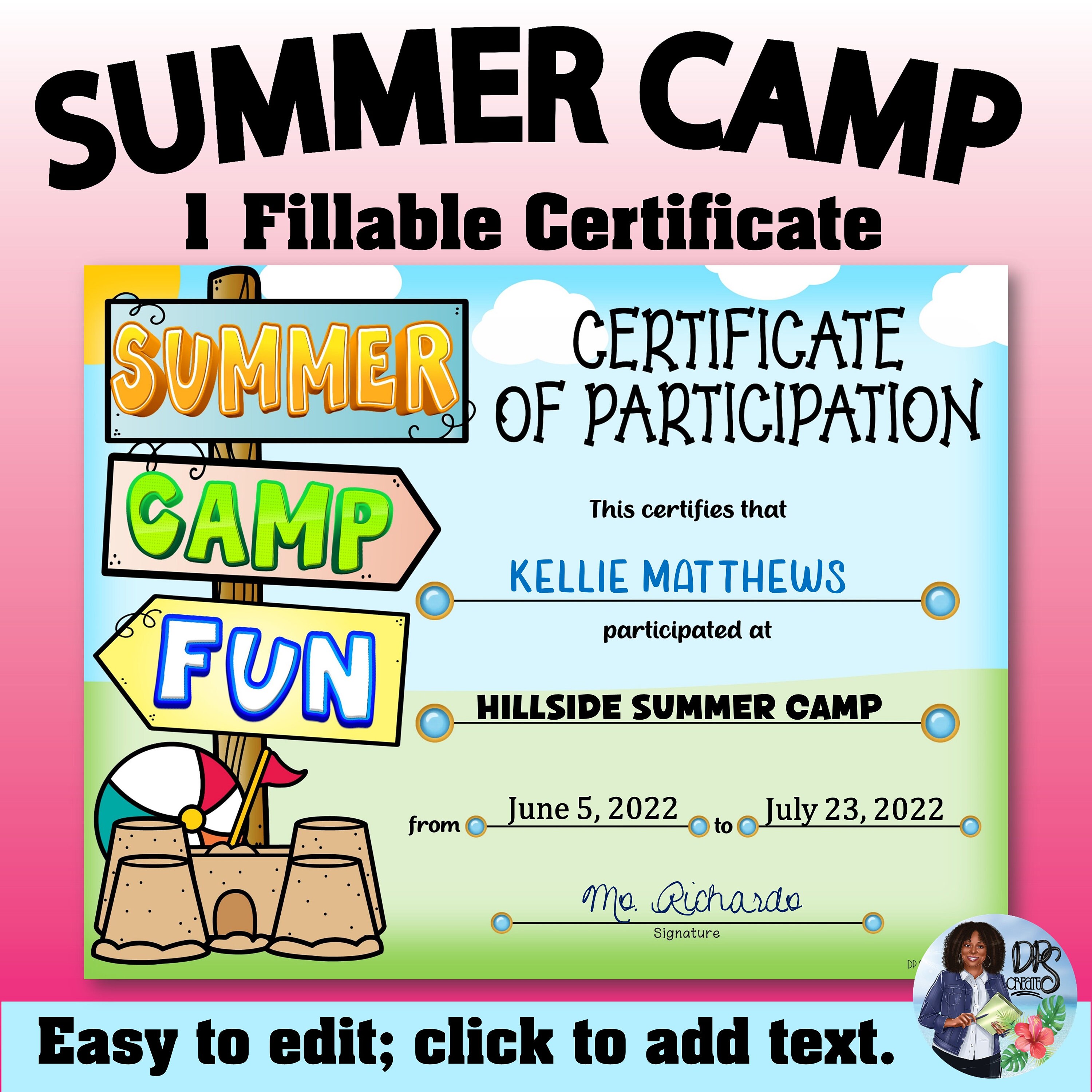 Summer Camp Certificate, Fillable Certificates, Powerpoint, Templates ...
