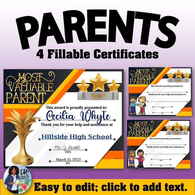 Parents Appreciation Certificates, Fillable Powerpoint Certificates ...