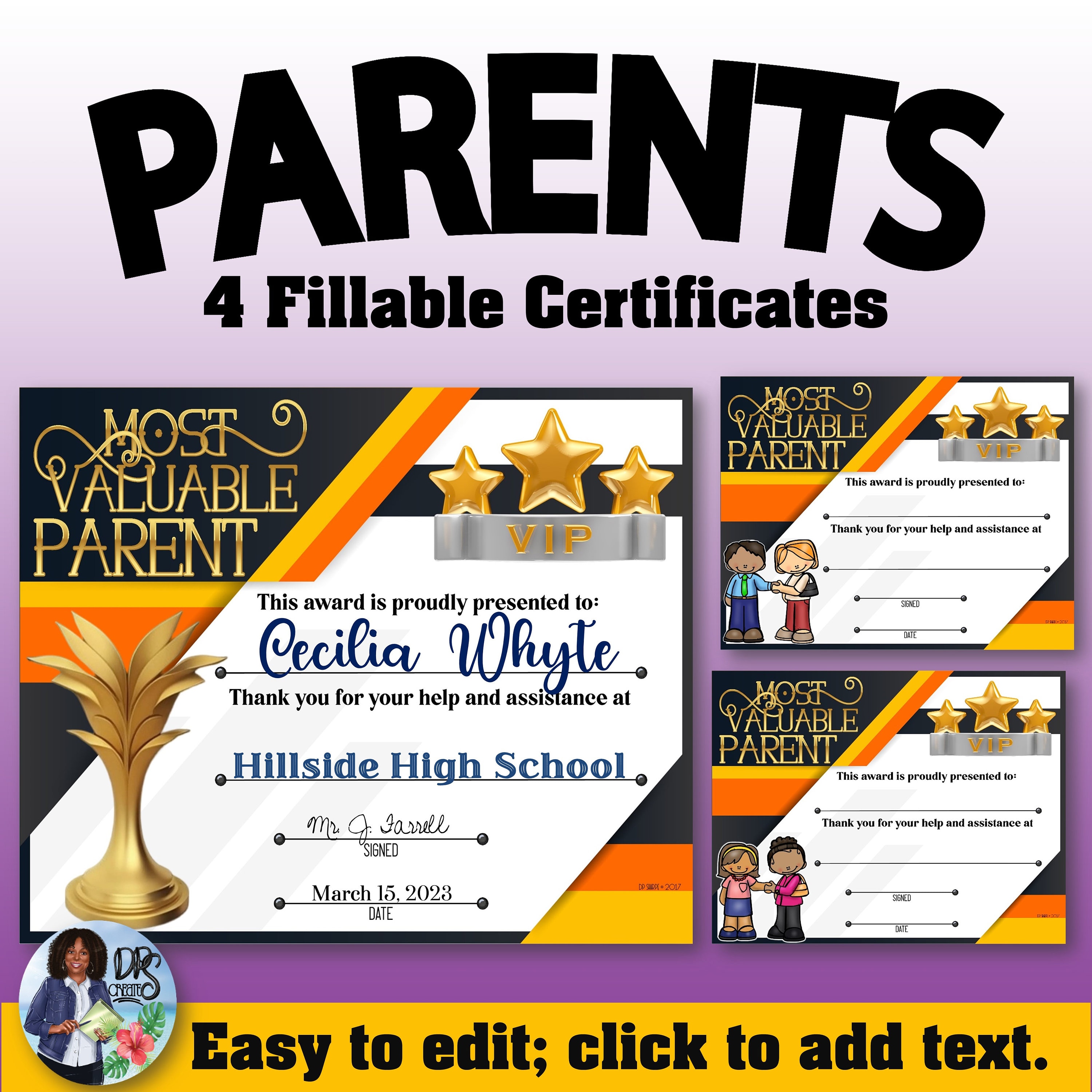 Parents Appreciation Certificates, Fillable Powerpoint Certificates ...