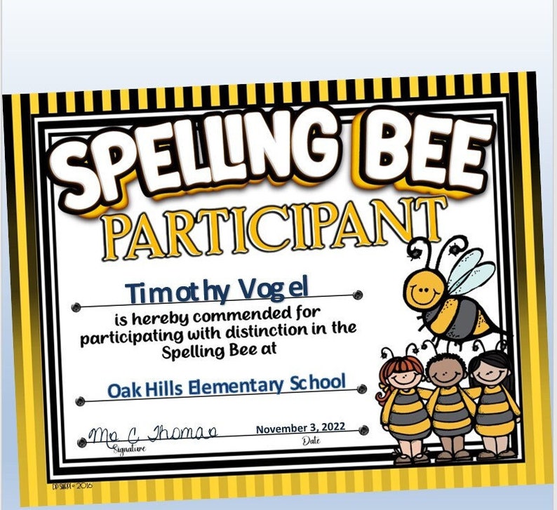 Spelling Bee Certificate With Candy Card, Powerpoint Certificates ...