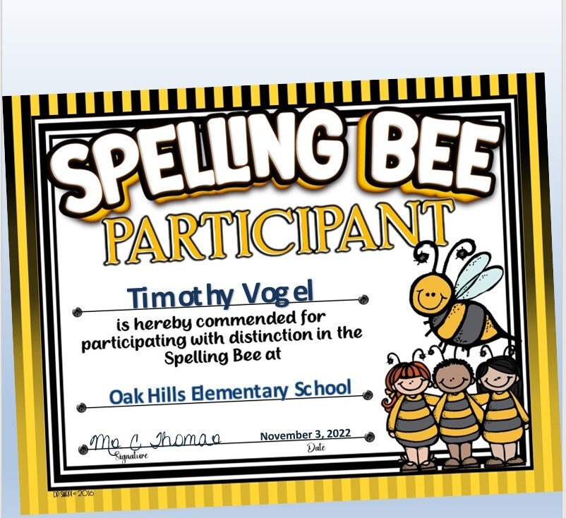 Spelling Bee Certificate With Candy Card, Powerpoint Certificates ...