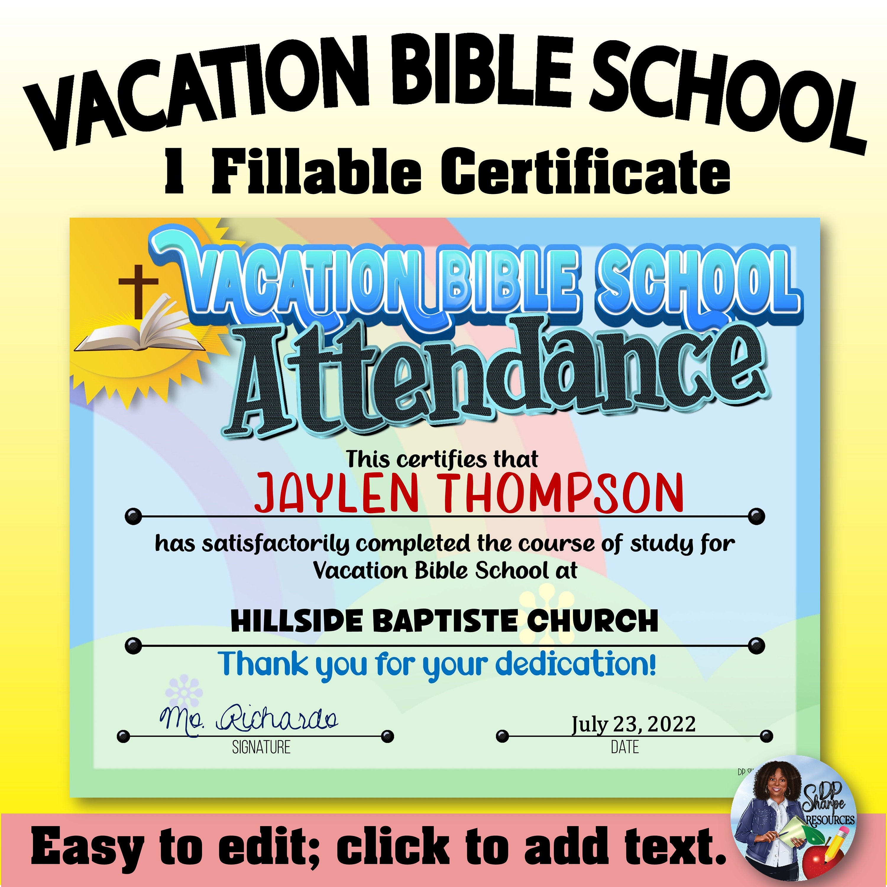 Vacation Bible School Certificate, Powerpoint, Templates, Editable ...