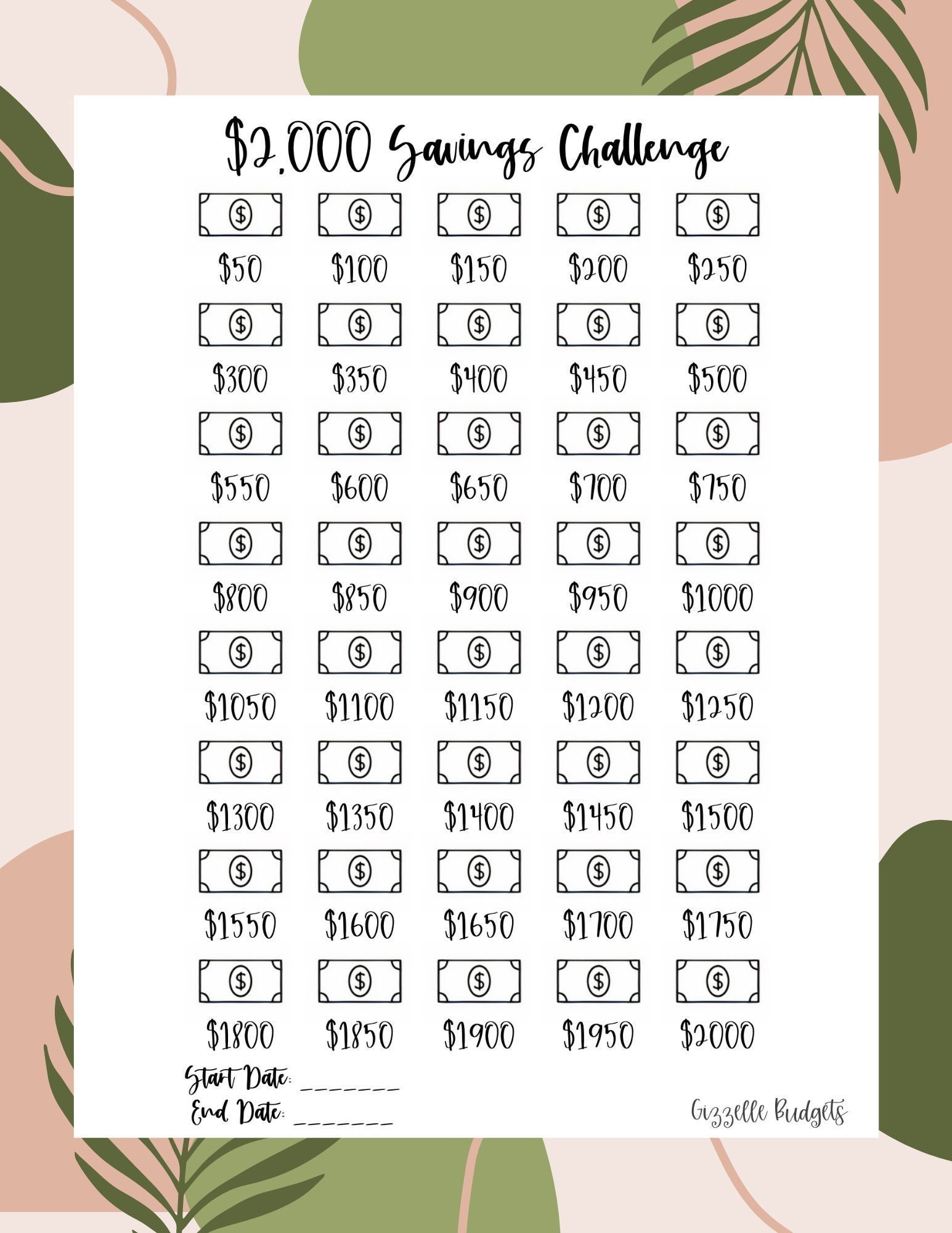2,000 Savings Challenge Printable I PDF Instant Download I Savings ...