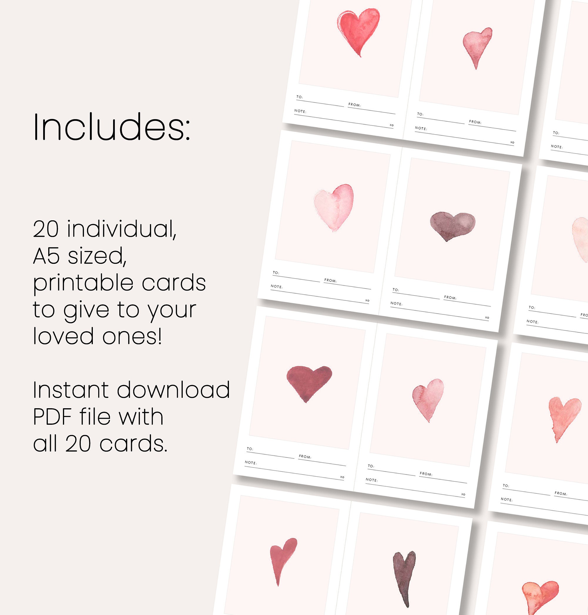 20 Unique, Modern Valentine PRINTABLE Cards, Watercolor Hearts Design ...