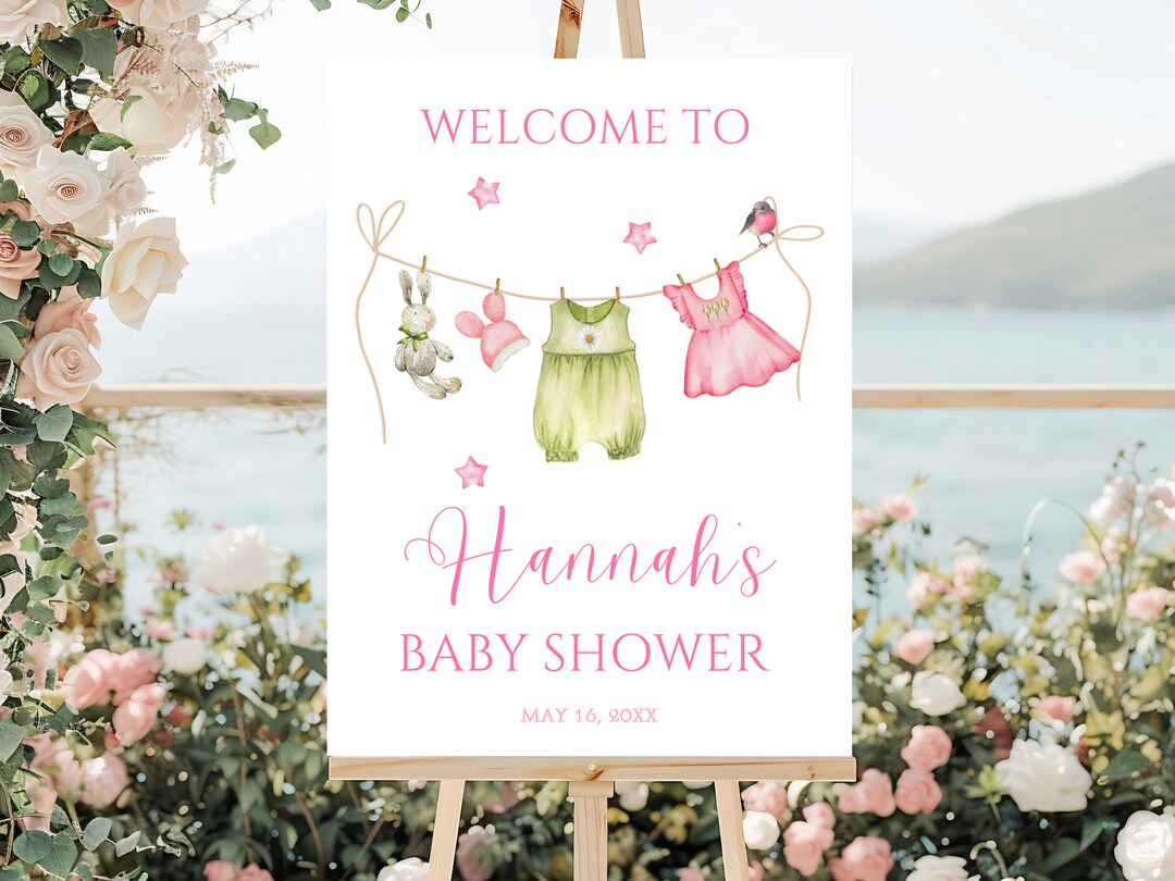 Preppy Pink Green Clothesline Baby Shower Welcome Sign Personalized ...