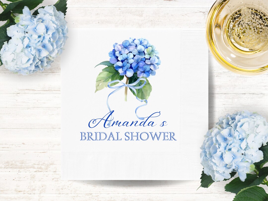 Preppy Blue Hydrangea Bridal Shower Cocktail Napkins | Personalized ...