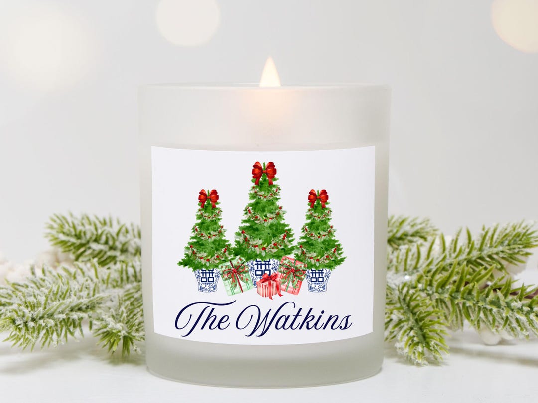 Preppy Chinoiserie Christmas Trees Frosted Candle Personalized Ginger ...