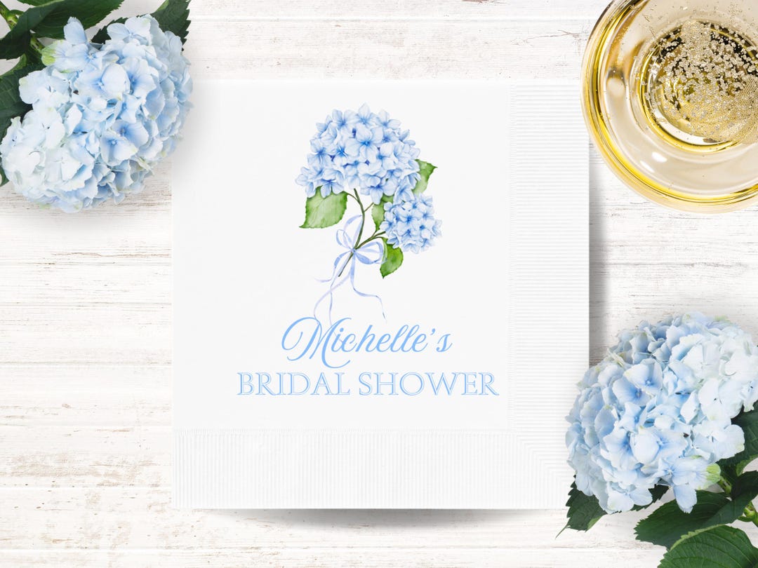 Preppy Blue Hydrangea Bridal Shower Cocktail Napkins | Personalized ...
