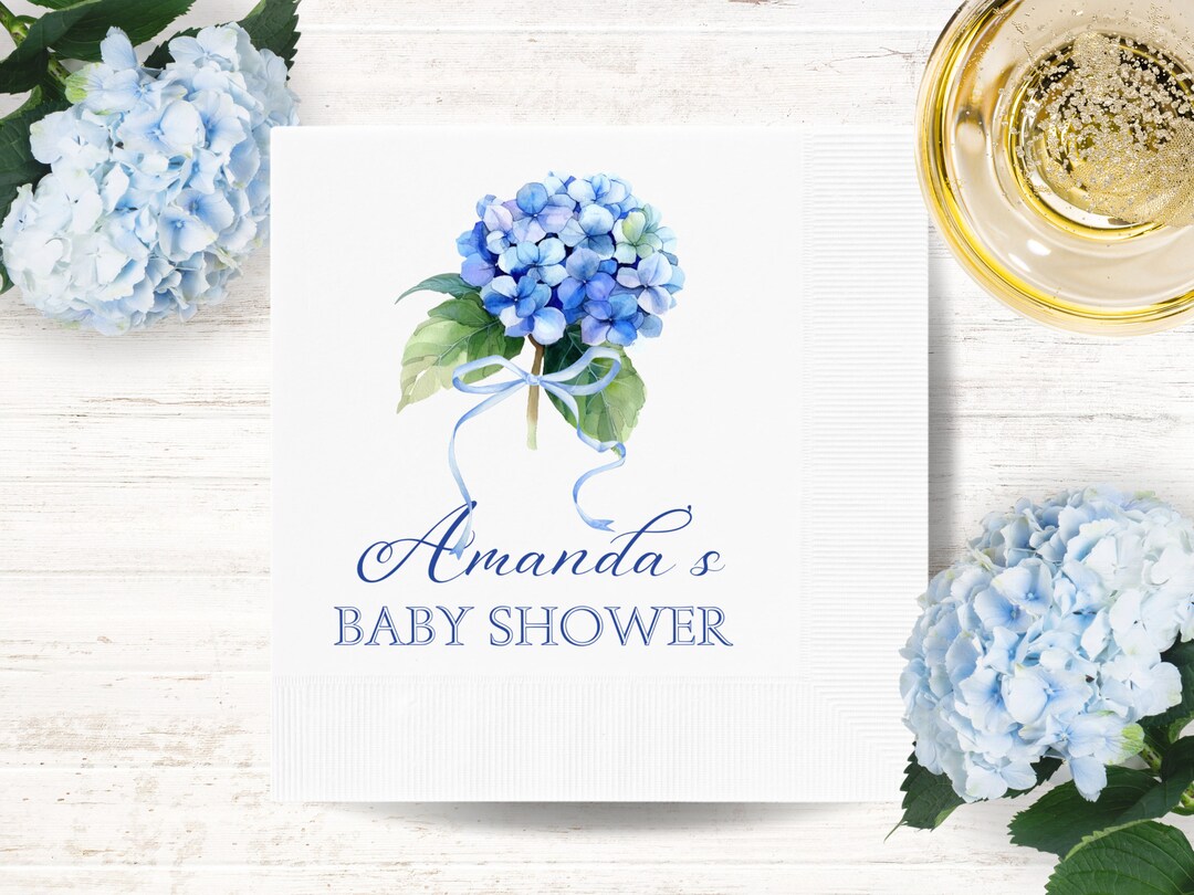 Preppy Blue Hydrangea Baby Shower Cocktail Napkins Personalized Floral ...