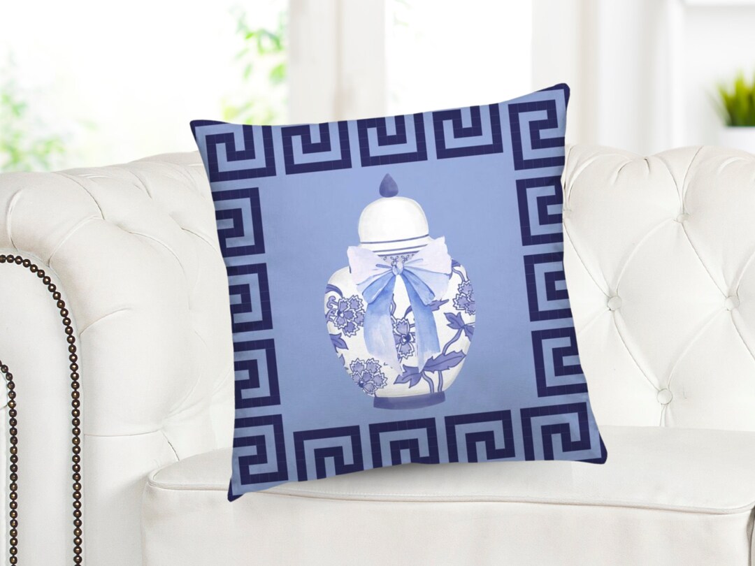 Preppy Chinoiserie Ginger Jar Throw Pillow Custom Greek Key Toss Pillow ...