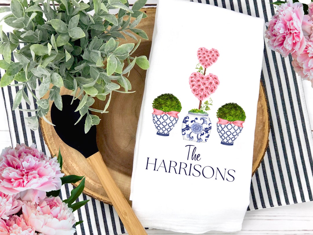 Preppy Chinoiserie Valentine's Heart Topiary Tea Towel Personalized ...