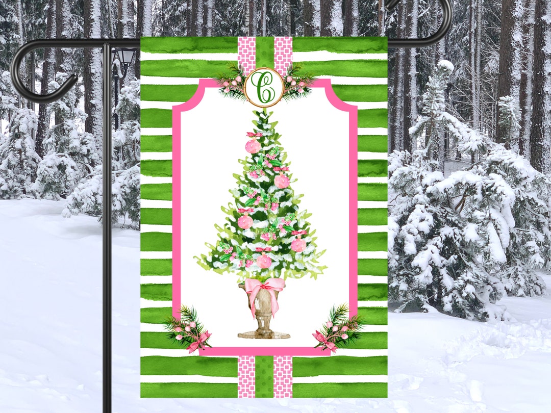 Preppy Monogram Christmas Tree Garden Flag Personalized Pink Ornaments ...