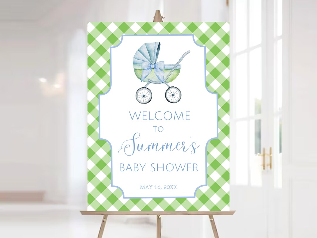 Preppy Blue Green Carriage Baby Shower Welcome Sign Personalized ...
