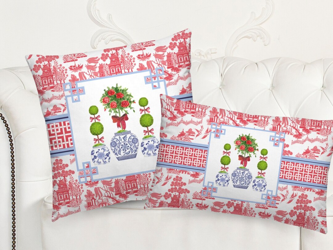 Preppy Chinoiserie Red Rose Topiary Artisan Throw Pillow Custom Ginger ...