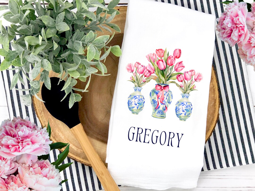 Preppy Chinoiserie Pink Tulips Tea Towel | Personalized Ginger Jar ...